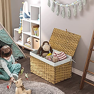 Greenstell Storage Basket with Lid, Handwoven Large Shelf Basket with Cotton Liner and Metal Frame, Foldable & Easy to Install, Storage Box Basket with Handle for Bedroom, Laundry Room Natural 105L