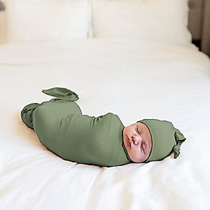 Bayceen Large Rayon Jersey Knitted Swaddle Blanket for Baby, Soft Stretchy Receiving Blanket for Newborns with Hat, Large 47 x 47 inches (Sage)