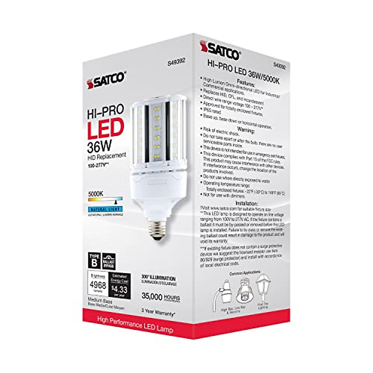 Satco S49392 Corncob LED HID Light Bulb, Medium Base, 36W, 35000 Hour Rating, 4968L, Natural Light