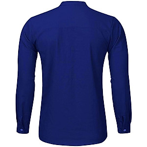 Men Linen Button Up Dress Shirt Long Sleeve Casual Cotton Beach T Shirts Stand Collar Solid Color Summer Yoga Tops (Blue,XX-Large)