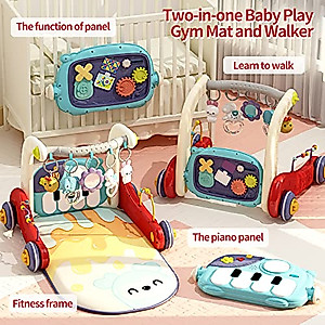Jovow 2 in 1 Baby Gym with Walker,Baby Play Mat with 5 Infant Learning Sensory,Double-Sided Multifunctional Removable Play Piano Panel ,Sit-to-Stand Learning Walker for 0-24 Months Boy Girl