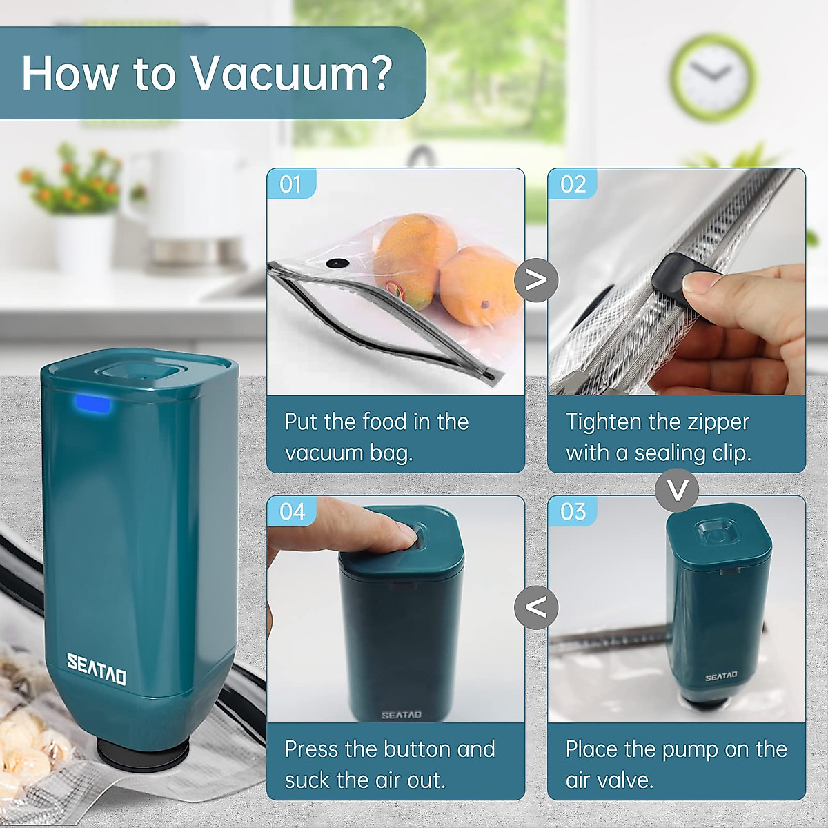 Sous Vide Bags,SEATAO Upgraded Electric Vacuum Sealer Rechargeable handheld vacuum sealer & reusable vacuum seal bags with 6 Vacuum Zipper Bags 1 sealing clips