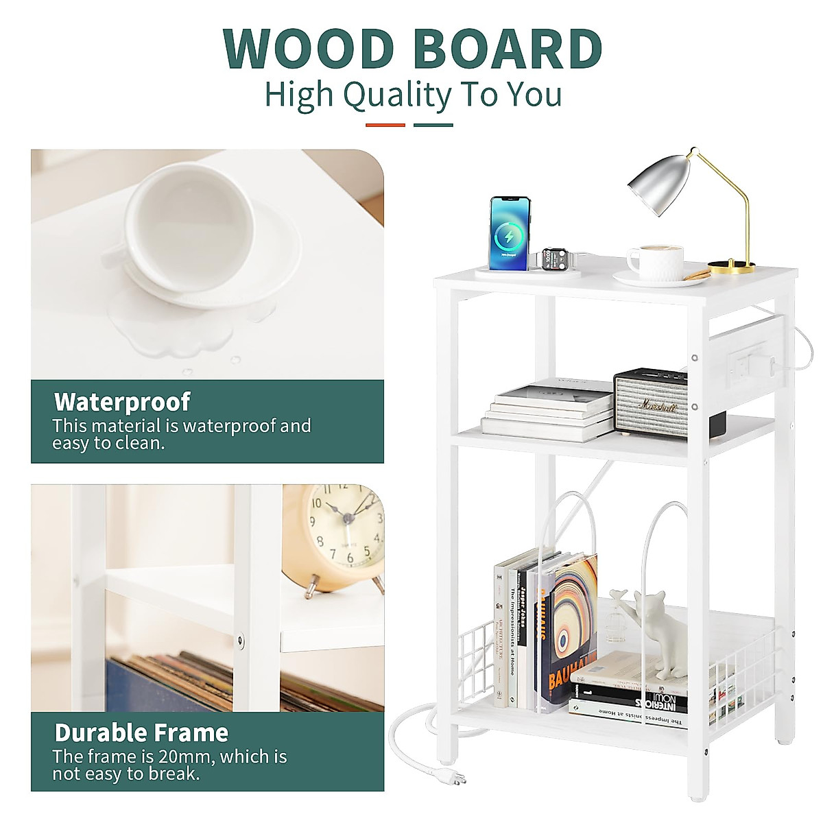 Yoobure Record Player Stand, 3-Tier White Side Table with Charging Station, Small End Table Nightstand with Vinyl Storage, Tall Beside Tables Turntable Stand for Album CD, Night Stand for Living Room