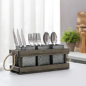 MyGift Vintage Brown Wood Kitchen Flatware Cutlery Silverware Caddy Utensil Holder with 3 Galvanized Metal Removable Storage Cups and Rope Handles