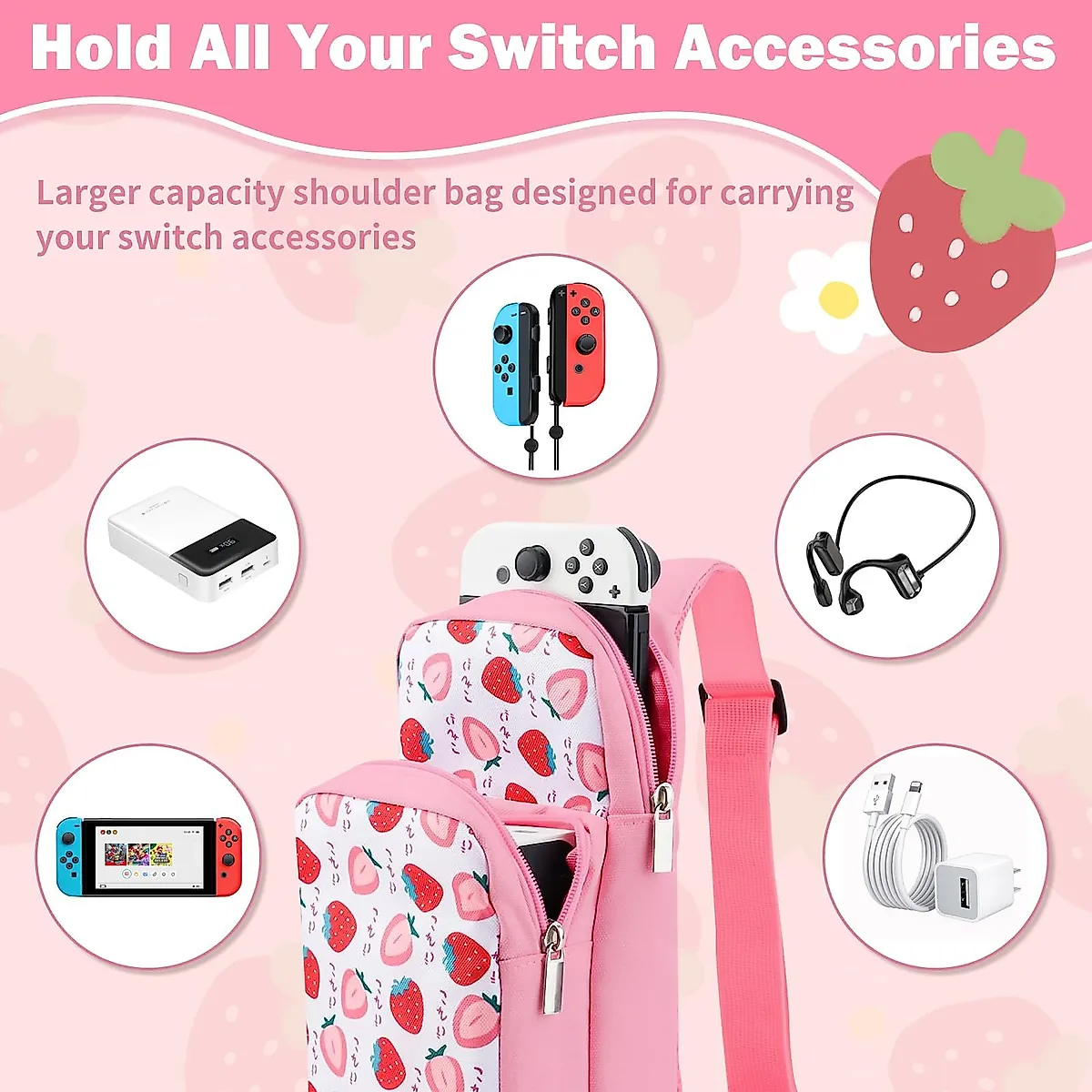THRCIFLO Cute Pink Strawberry Travel Carrying Bag for Nintendo Switch/OLED/Lite Shoulder Bag Storage Backpack for Switch Accessories, Portable Crossbody Sling Case for Girls