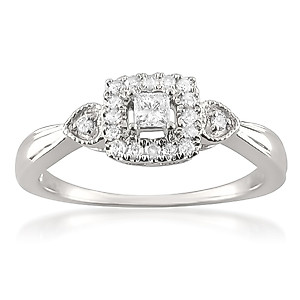 Beyond Brilliance 1/4 Carat Diamond, Prong-Set 10kt White Gold Princess Cut & Round Diamond Halo Promise Ring (I-J, I1-I2) Natural Diamond Promise Ring For Women | Gift Box Included