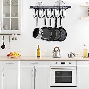 Pots and Pans Hanging Rack Wall Mounted,Kitchen Utensil Hanger with 12 Pack Black S Hooks for Hanging Spatulas Measuring Spoons Tools Coffee Mug,Anti-Drop Kitchen Wall Rack Rrganizer -17 Inch