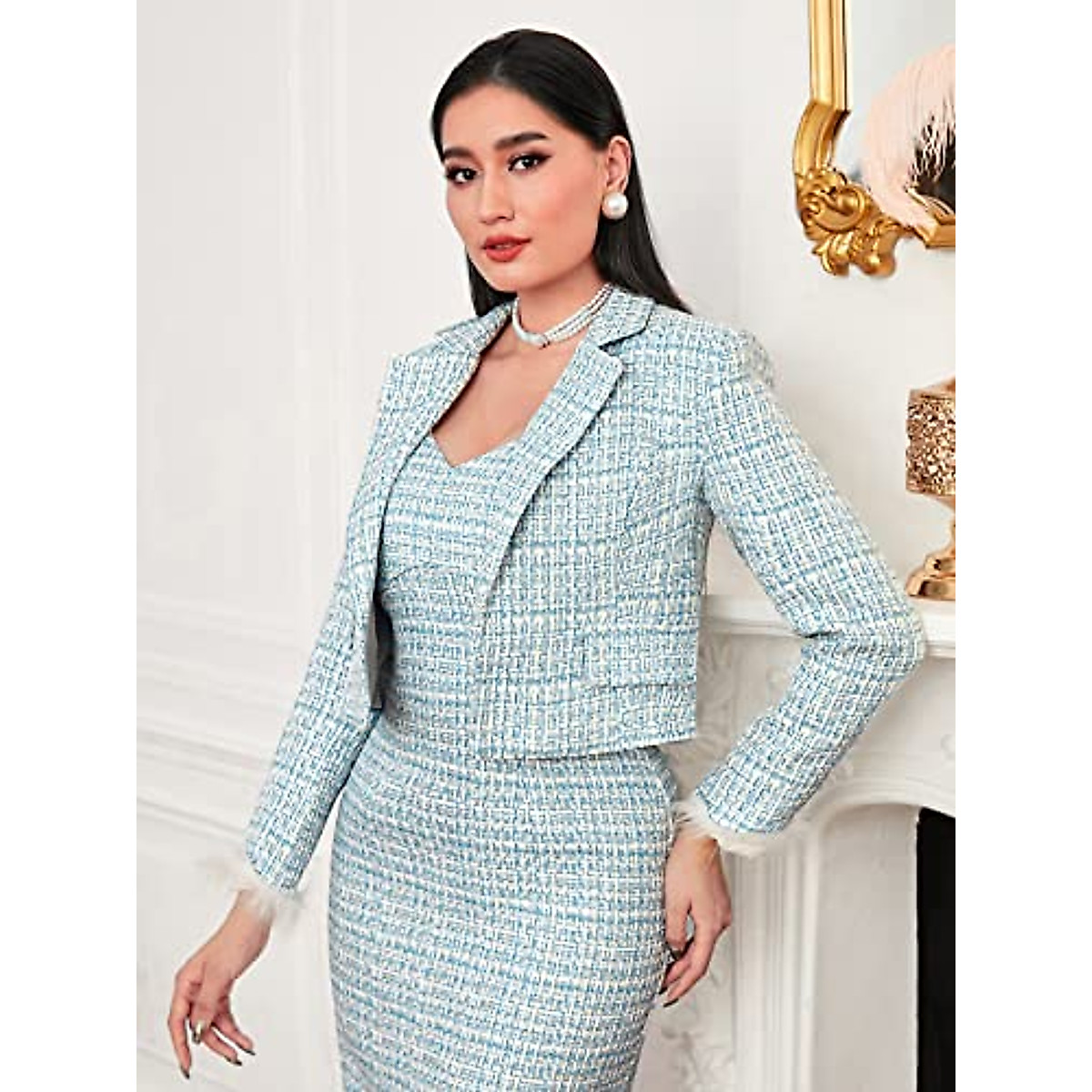 WePurchase Plaid Lapel Collar Fuzzy Cuff Single Button Tweed Overcoat (Color : Mint Blue, Size : Medium)