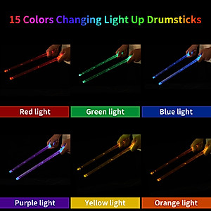 Rechargeable 15 Color Changing LED Light Up Drum Sticks With Storage Bag, Glow In The Dark Drumsticks, Drummer Gifts Glow Plastic Drum Sticks for Adults,Personalized Drum Sticks（２pcs／Pack）