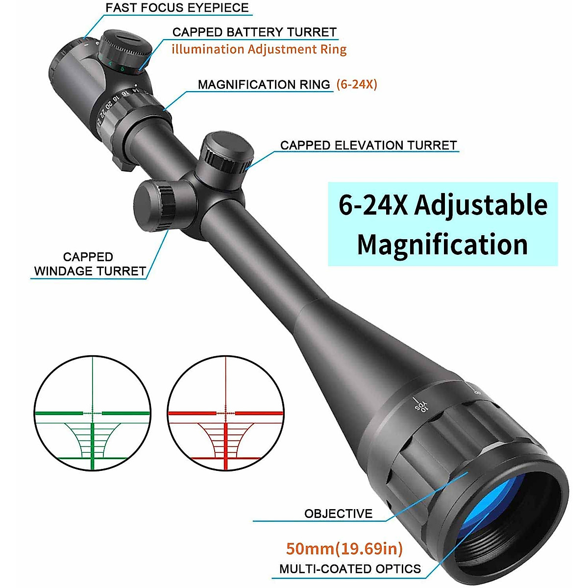 Beileshi 6-24X50 AOEG Optics Hunting Rifle Scope Red & Green Illuminated Crosshair Gun Scope with Flip Up Scope Covers