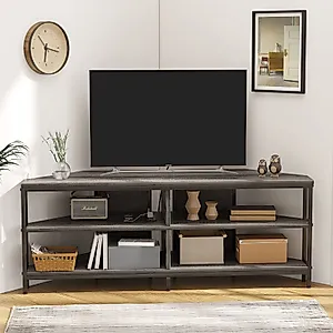 MUTUN Corner TV Stand with Power Outlet, Corner TV Stand for 32 43 50 55 60 Inch TV, Corner Entertainment Center, Industrial TV Console Table for Living Room Bedroom, 55 Inch, Grey Oak