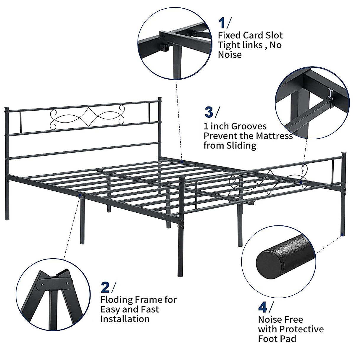 VECELO Queen Size Metal Platform Bed Frame with Headboard,No Box Spring Needed/Mattress Foundation,Flower