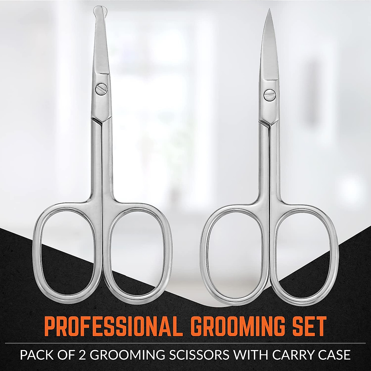 Stainless Steel Grooming Scissors - Eyebrow Scissor, Beard & Mustache Trimming Set, Small Curved & Rounded Tip Facial Hair Trimmer Kit for A Much Safer Ear, Nose Hair Clipper for Men & Travel Case