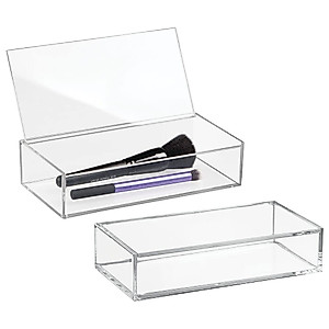 mDesign Small Makeup Organizer Box with Lid for Vanity Countertops, Cabinet - Store Makeup Brushes, Eye Shadow Palettes, Lipstick, Lip Gloss, Blush, Jewelry - Plastic, 2 Pack - Clear