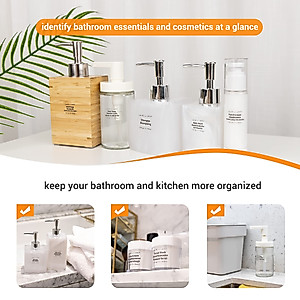 108 PCS Bathroom Labels Clear Preprinted Waterproof Travel Bottles Label Stickers for Organization and Storage Bathroom Dispenser Jars Bins Plastic Travel Bottles Containers