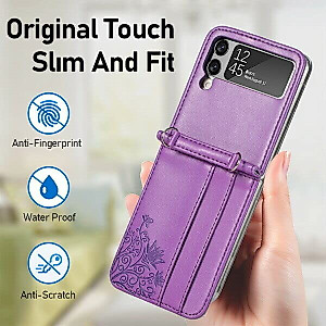 EAXER Design for Samsung Galaxy Z Flip 4 Case, PU Leather Card Slot Folding Case Cover Hand Strap Wallet Case Crossbody Strap Protective Case Cover (Purple)