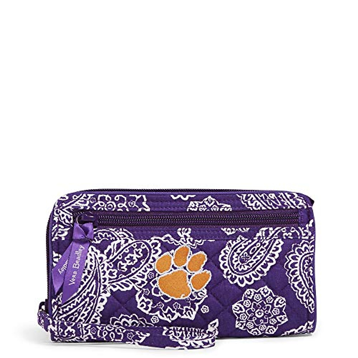 Vera Bradley Women's Cotton Collegiate Front Zip Wristlet With RFID Protection (Multiple Teams Available), Clemson University Purple/White Bandana, One Size