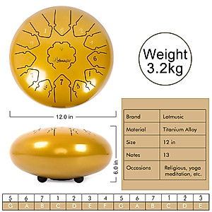Steel Tongue Drum, lotmusic 13 Notes 12 Inches Percussion Instrument ，Tank Drum - Handpan Drum Kit - Drum Mallets Padded Travel Carry Bag Music Book and Finger Picks for Beginner Adult Kids，C Major