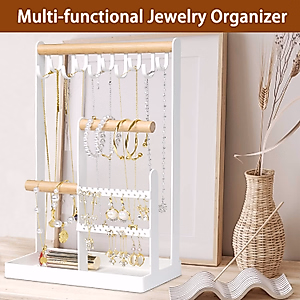 MetWoods Jewelry Holder Organizer with Earring Tray and 10 Hooks, 4 Tier Necklace Holder Display for Earrings Watches Bracelet Rings (White)