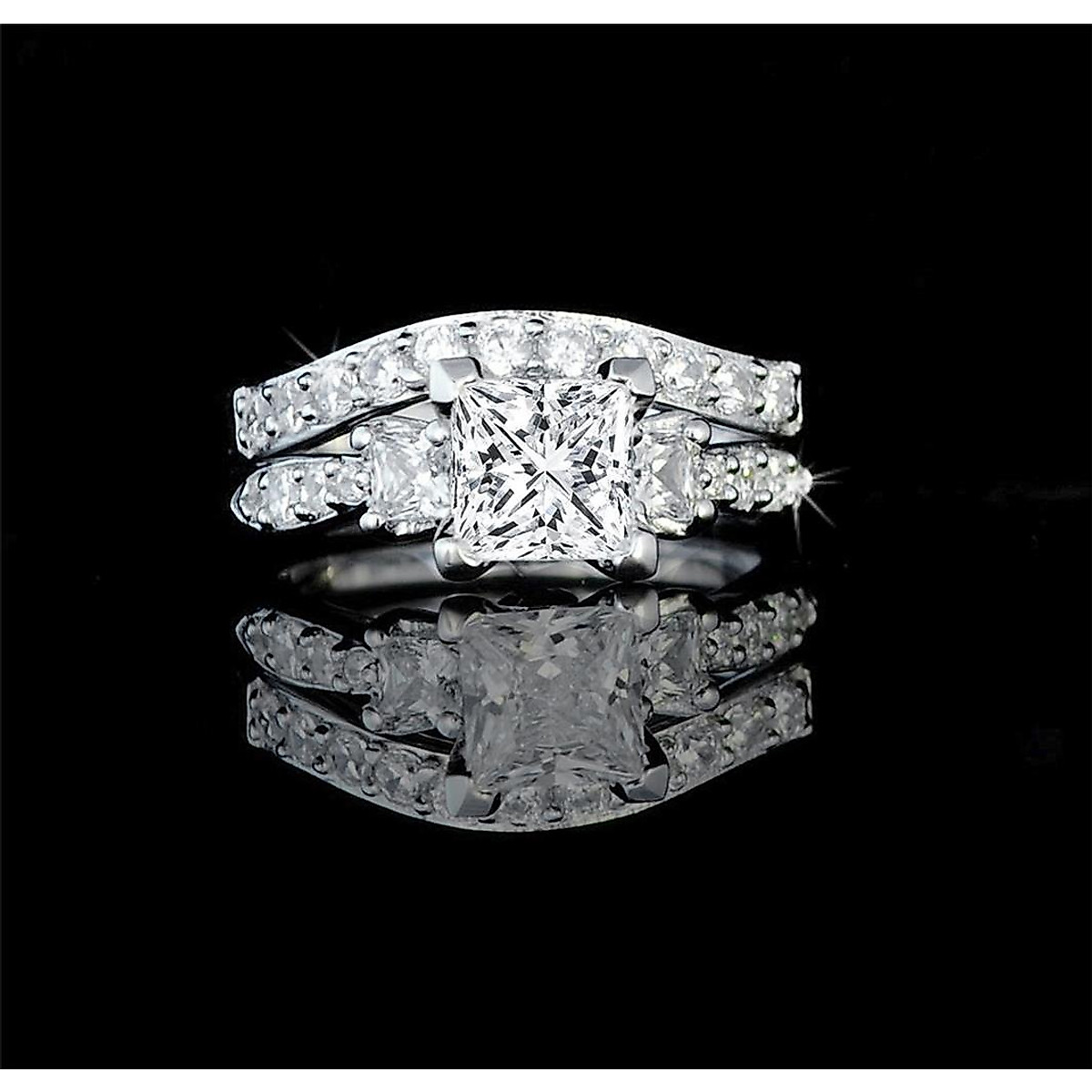 Venetia Top Grade Realistic Princess Cut Simulated Diamond 3-Stones Ring Curved Band 2 Pcs Set Platinum Plated 925 Silver Cubic Zirconia cz (7)