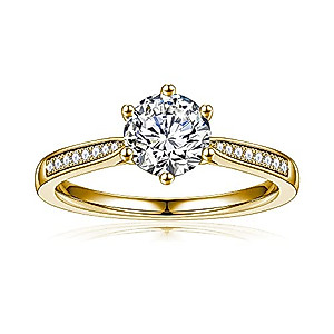 FACETS JEWELS 2.20 TCW Full White Moissanite Diamond Engagement And Wedding Ring For Women, Six Prong Solitaire With Assent Ring In - 14K Solid Yellow Gold Size 7