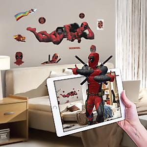 Wall Palz Marvel Deadpool Wall Decal - Deadpool Wall Stickers with 3D Augmented Reality Interaction - Deadpool Sticker for Walls 12" x 34" Marvel Room Decor