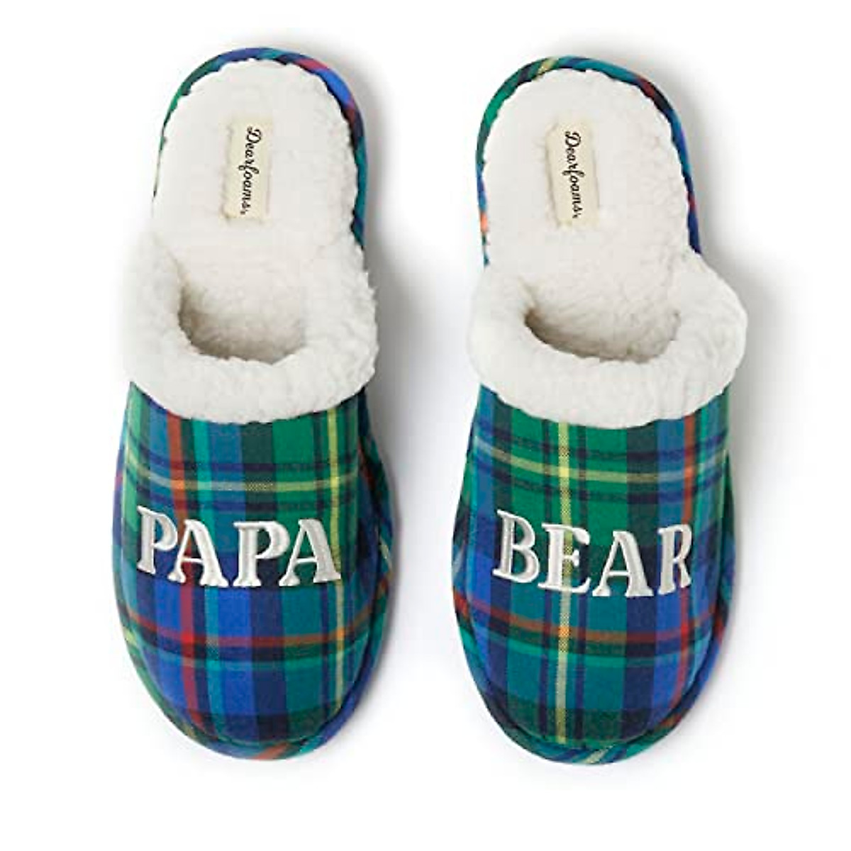 Dearfoams Men's Gifts for Dad Funny Fathers Day Papa Bear Slipper, Green Plaid, 11-12