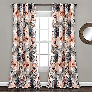 Lush Decor Leah Room Darkening Window Curtain Panel Pair Floral Insulated Grommet, 52"W x 84"L, Coral and Gray