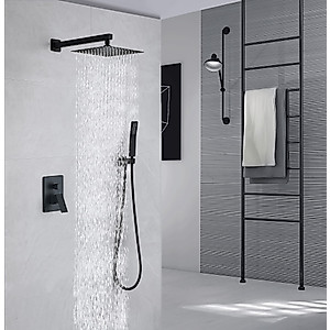 DMDMBATH Shower System Matte Black with 10 inch Rain Shower Head High Pressure Shower Faucet Set Shower Fixture Complete Combo Set Bathroom Bathtub Shower Trim Systems (Matte Black)
