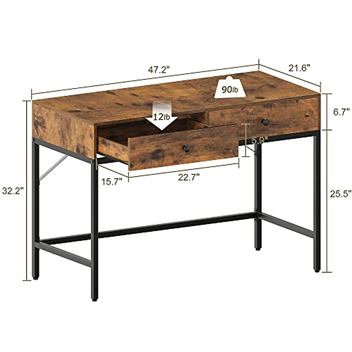 SUPERJARE Vanity Desk with Drawers, 47 inch Computer Desk, Modern Simple Home Office Desks, Makeup Dressing Table for Bedroom - Rustic Brown