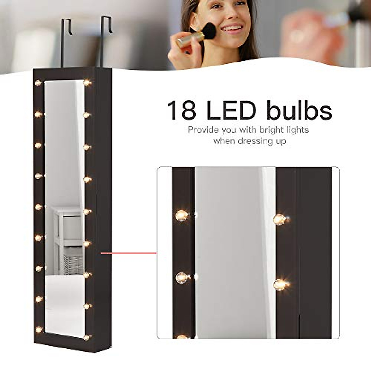 HOMCOM Jewelry Armoire with Mirror and 18 LED Lights, Wall-Mounted/Over-The-Door Cabinet with 3 Mountable Heights, Dark Walnut