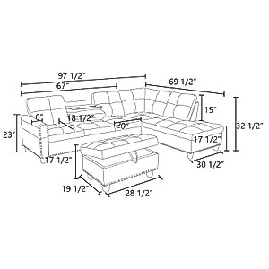 97 in L-shaped Sectional Couch, Button Tufted Upholstered Faux Leather Sofas w/ Chaise Lounge, Living Room Modular Furniture Sets, Foldable Console with Cup Holders, Wood Frame Metal Legs (White)