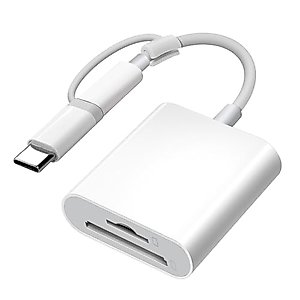 SD Card Reader for iPhone iPad, Dual Connector Memory SD Card Adapter, Support SD/MicroSD Cards, High-Speed Digital Trail Camera to iPhone Viewer, Plug and Play - White