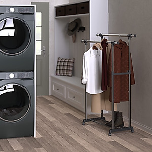 ClosetMaid Double Rail Portable Rolling Garment Rack with Shoe Shelf, Adjustable Rod Width and Height, Black/Chrome