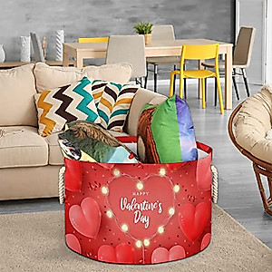 Red Valentines Day Love Heart (17) Large Round Baskets for Storage Laundry Baskets with Handles Blanket Storage Basket for Bathroom Shelves Bins for Organizing Nursery Hamper Girl Boy