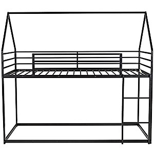 OPTOUGH Twin Over Twin House Bunk Bed with Built-in Ladder, Metal Low Bunk Bed for Kids Girls Boys, Black
