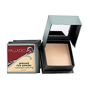 Palladio, Pressed Rice Powder with Mirror Mattifying Makeup Setting that Lasts All Day Instantly Absorbs Oil Works alone or with makeup, Translucent, 0.26 Ounce