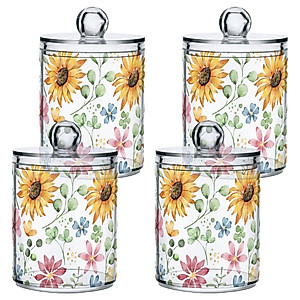 YEGAME 2 Pack Sunflower Qtip Holder Apothecary Jars with Lids, Clear Apothecary Jar Food Storage Container for Tea, Coffee, Cotton Balls, Dental Floss