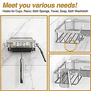 SIXDOVE 3-PACK Corner Shower Caddy- Corner Shower Shelf with 1 Soap Holder, Adhesive Shower Organizer with 18 Hooks, No Drilling Rustproof Stainless Steel Shower Rack Shelves for Bathroom & Kitchen