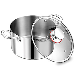 P&P CHEF Tri-Ply Stainless Steel Stockpot (5 QT), Large Stock pot with Visible Lid for Soup Pasta Vegetable, Induction Cooking Pot for All Stoves, Heavy-Duty Pot with Double Handle, Dishwasher Safe