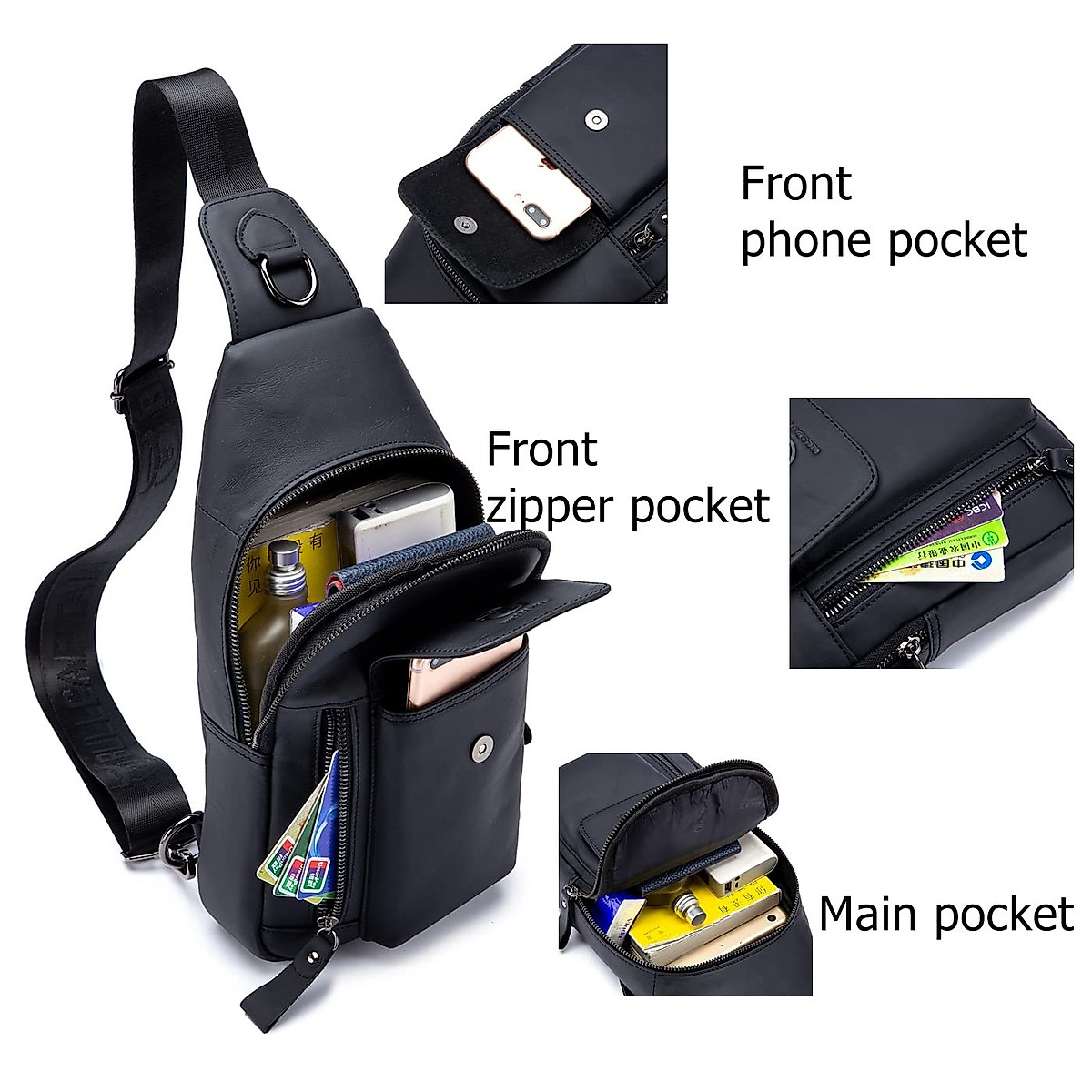 BULLCAPTAIN Genuine Leather Sling Bag for Men Multi-pocket Casual Travel Crossbody Chest Bag Hiking Backpacks (Black)