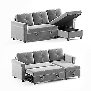 Mjkone 3 Seat L-Shape Sectional Sofa Couch with Pull Out Bed and Reversible Storage Chaise, Modern 84 Inch Sleeper Sofa with Breathable Velvet Fabric for Living Room, Light Gray