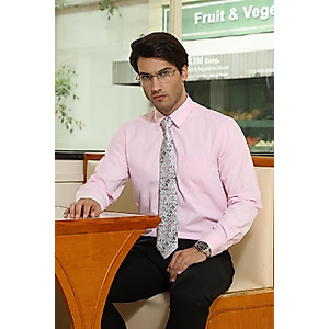 HISDERN Check Floral Dot Tie Handkerchief Wedding Party Woven Classic Men's Necktie & Pocket Square Set,Gray & Pink,One Size