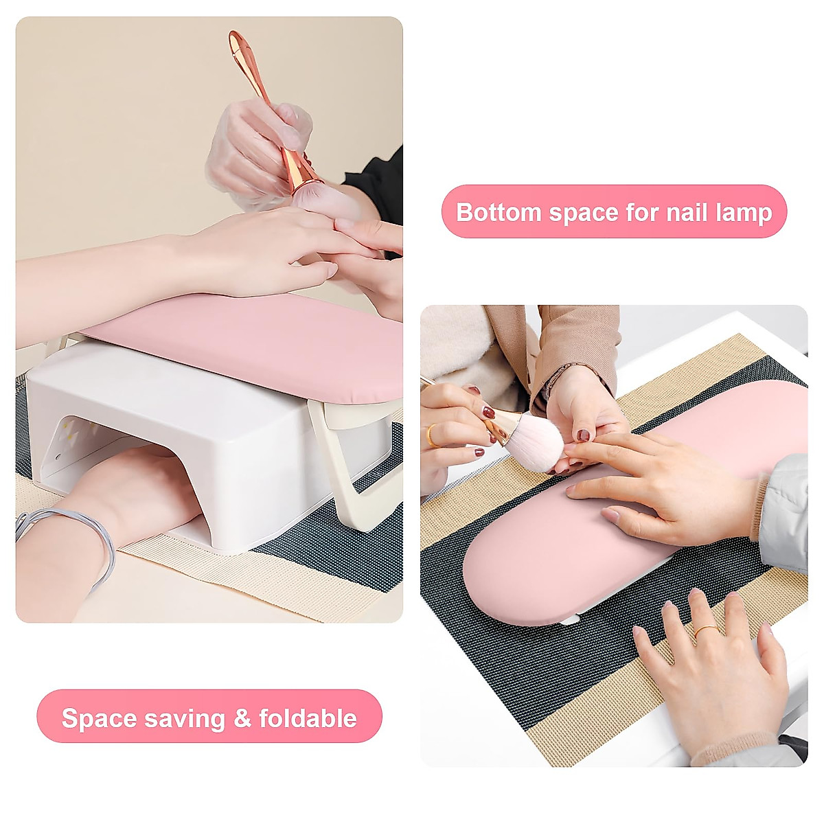 Diesisa Nail Arm Rest, Foldable PU Leather Nail Arm Rest for Nails with Soft Table Mat, Soft Hand Rest for Acrylic Nails/Nail Hand Rest for Manicure Salon Use-Pink