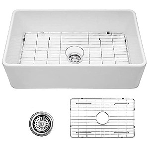 CELAENO 33 Inch White Farmhouse Sink, Single Bowl Ceramic Apron-Front Kitchen Sink, Porcelain Farm Sink with Strainer & Protective Bottom Grid