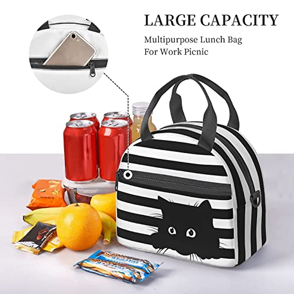 Cute Cat Black And White Striped Background Lunch Bag Funny Animal Kitten Reusable Insulated Lunch Tote Bag Lunchbox Container With Adjustable Shoulder Strap For Office Work School Picnic Travel
