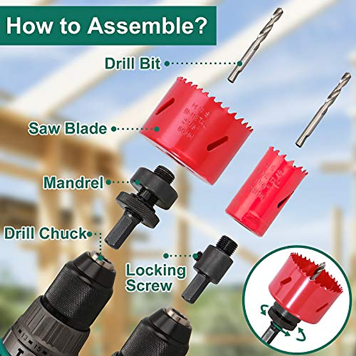 Bi-Metal Hole Saw Kit, HYCHIKA 17 Pcs High Speed Steel 3/4" to 2-1/2" Hole Saw Set in Case with Mandrels, Hole Saw Bit, Hole Saw for Thin Metal, Hard Wood, Drilling PVC Board, and Plastic Plate
