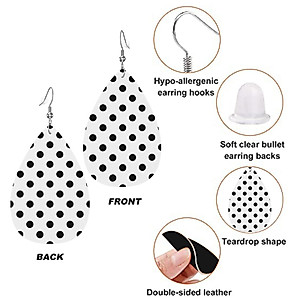 Faux Leather Earrings Black White Polka Dot Teardrop Dangle Earrings For Women