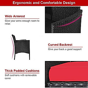 Tangkula Wicker Patio Conversation Furniture Set, Outdoor Furniture Set with Removable Cushions & Table, Tempered Glass Top, Modern Rattan Bench for Garden Lawn Backyard (Red)