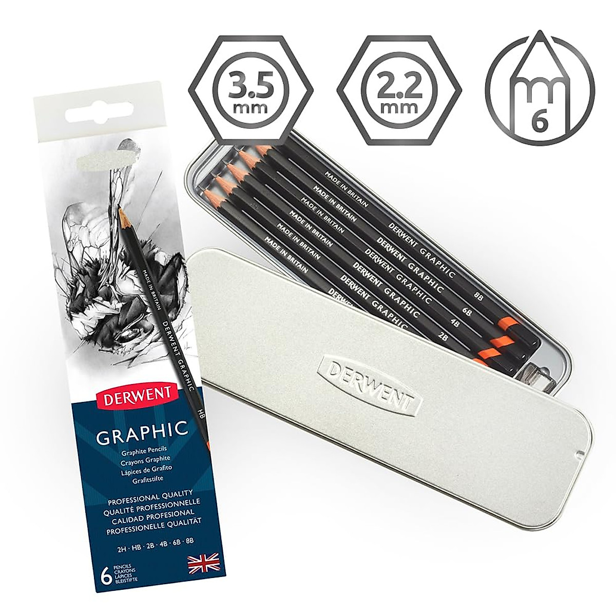 Derwent Graphic Pencils, Includes Tin and Sharpener, Set of 6 (0700835) (1951727), Multi